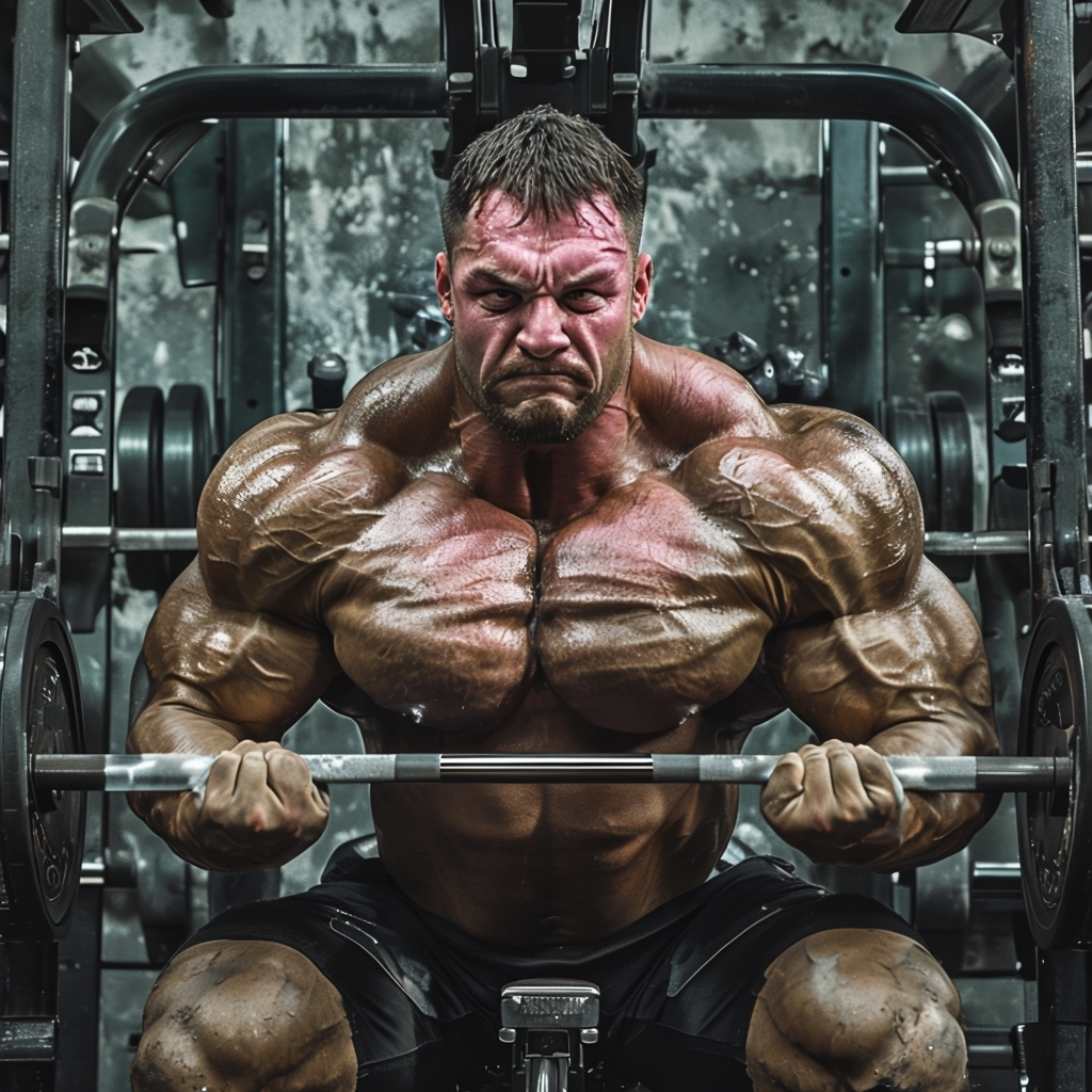 Image of a super-heavyweight bodybuilder squatting a barbell... by ...