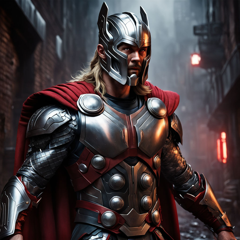 A hyper-realistic Half body shot of thor in exo-armor in a d... by ...