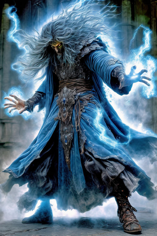 Full body photograph of an mighty good arcane wizard using t... by ...