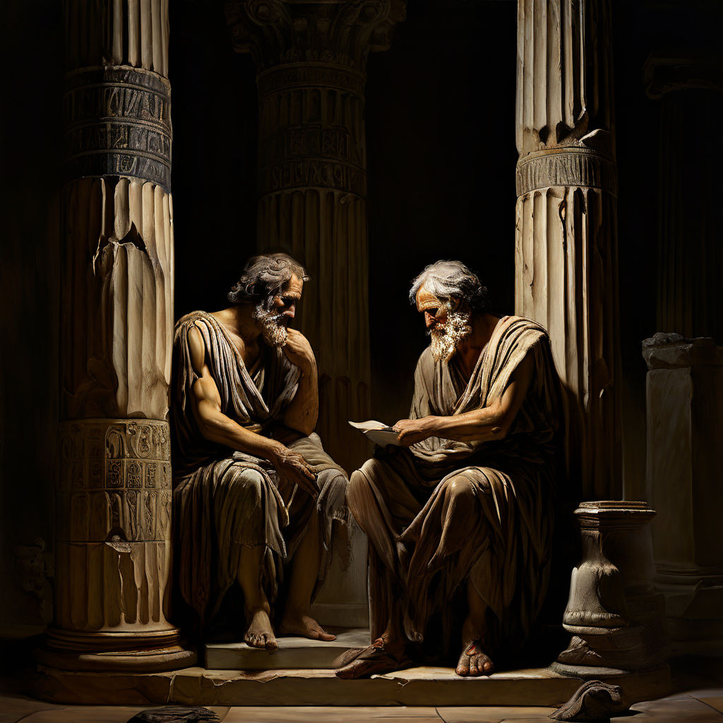 Crito and Socrates etched into ancient Athenian pillars by Joselyn ...