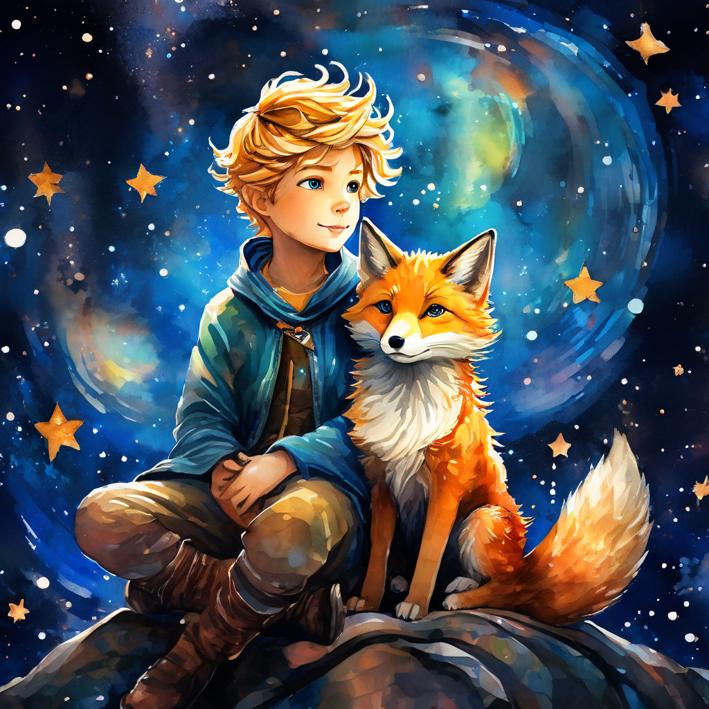 Watercolor depiction of the Little Prince and the fox sittin... by ...