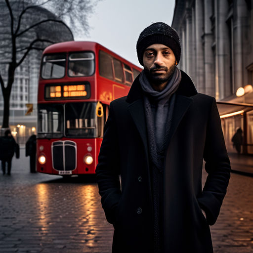 Refugee in a black coat front of an iconic double decker bus... by ...