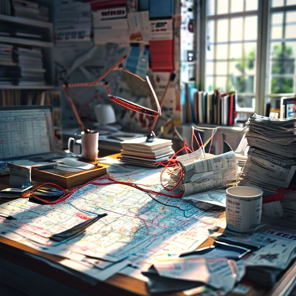 Depict a cluttered desk filled with documents by late night kafee ...