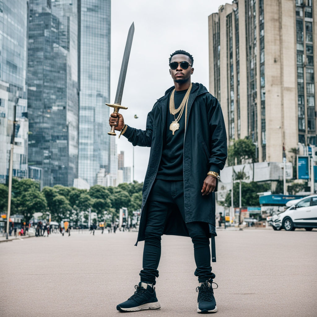 African rapper with a sword in a city by Kdon Rap - Playground