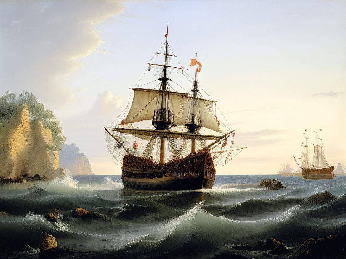 A 1500s French ship sailing in the sea with the shore in the... by ...