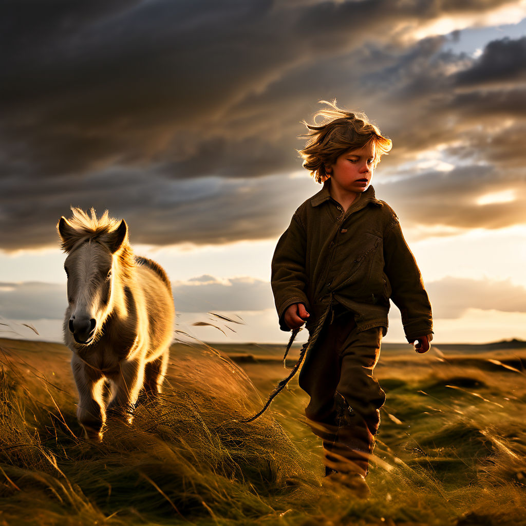 Boy walking with a dwarf horse in a wind-swept field by 狐狐醬 - Playground