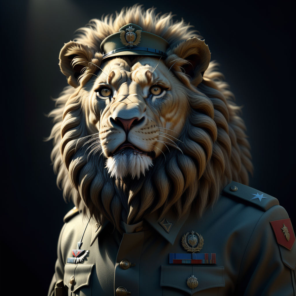 Full view of LION wearing army uniform by Adam Dabuilder - Playground