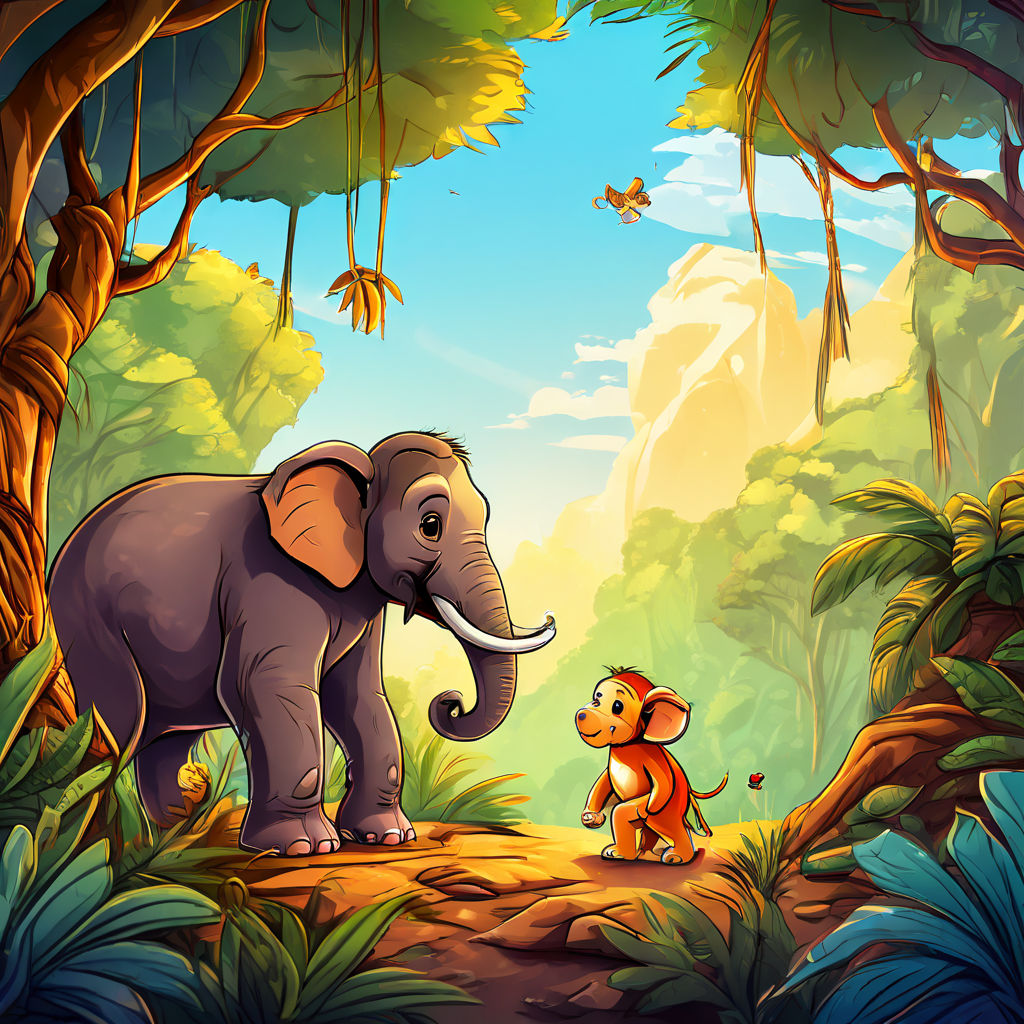 Cartoon scene of a monkey and an elephant in the jungle by King Gamers ...