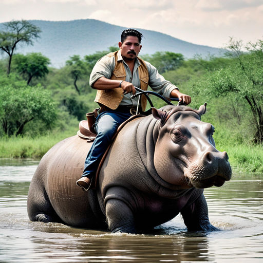 A Mexican gang member riding a hippo in the wild west by Daton Winkler - Playground