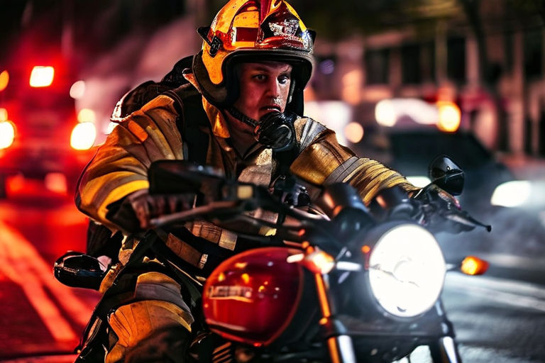 A FIREFIGHTER ON A MOTORCYCLE IN THE MIDDLE OF THE STREET by ...
