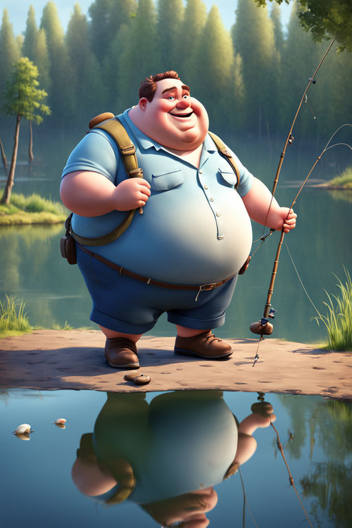 Best quality. realistic pixar style. fat Man fishing by a tr... by TIta ...