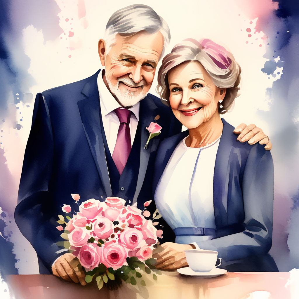 Wedding anniversary cute older couple watercolour style by Carole Dodd ...