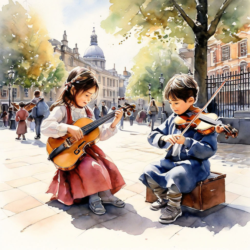 Draw a watercolor painting of children playing string instru... by 박은실 ...