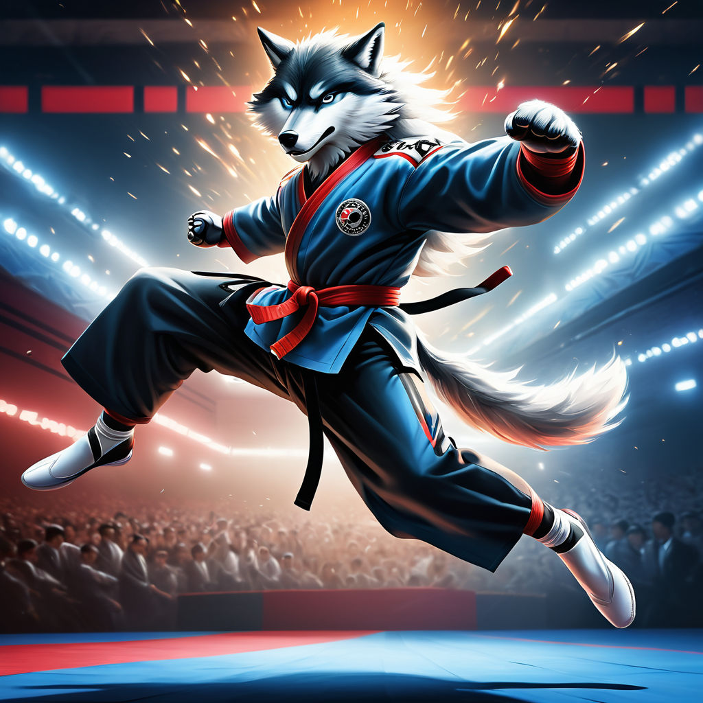 Taekwondo wolf in mid-air about to deliver an upward kick by Celiale ...