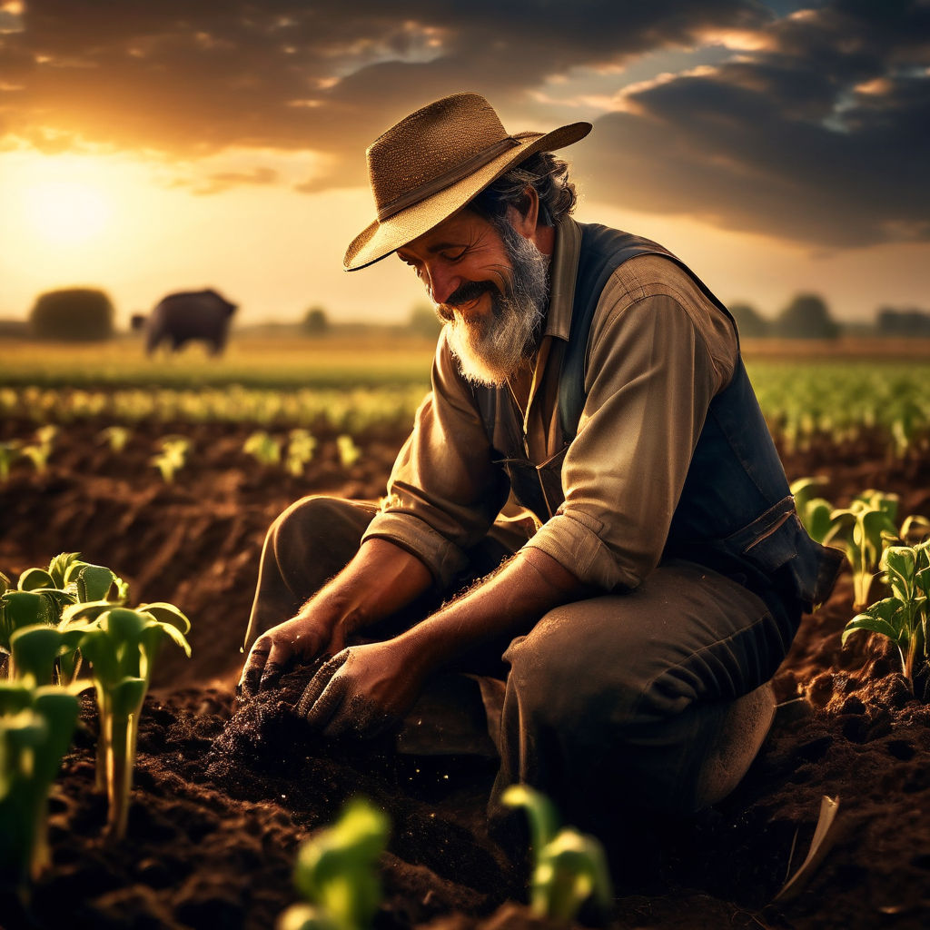 Make an image of a farmer sowing and having the emotion of h... by ...