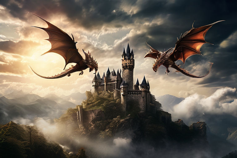 Create a photo with 2 dragons flying around a castle by Redwell Türkiye - Playground