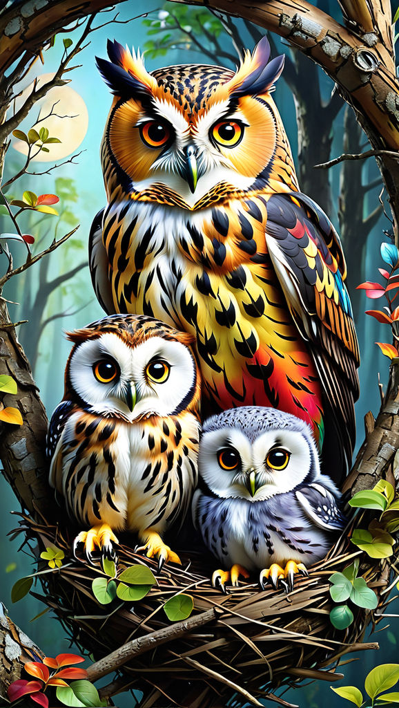 Hyper realistic Beautiful multi colourful owl with two babie... by ...