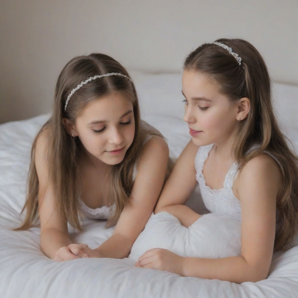 Two tween girls kissing on bed in skirts pigtails underwear ... by ...