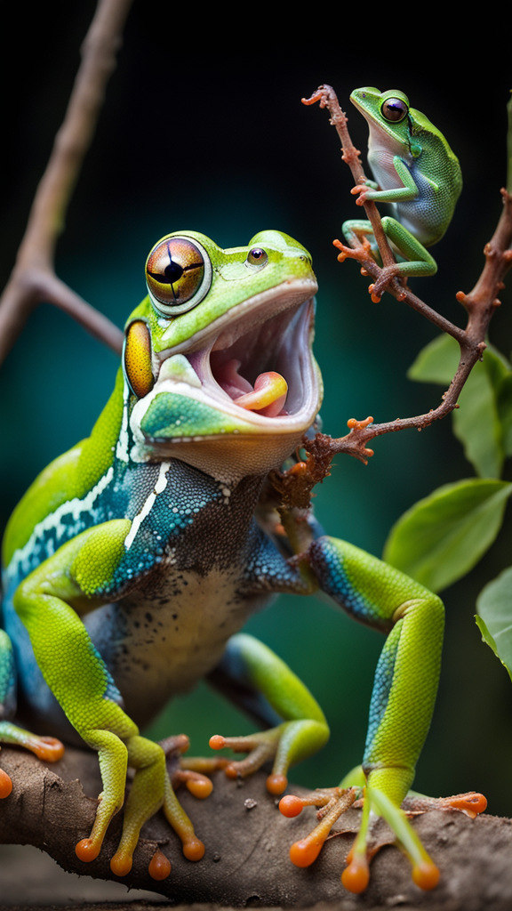 Photograph of a small tree frog ensnared by the gaping maw o... by Mad ...