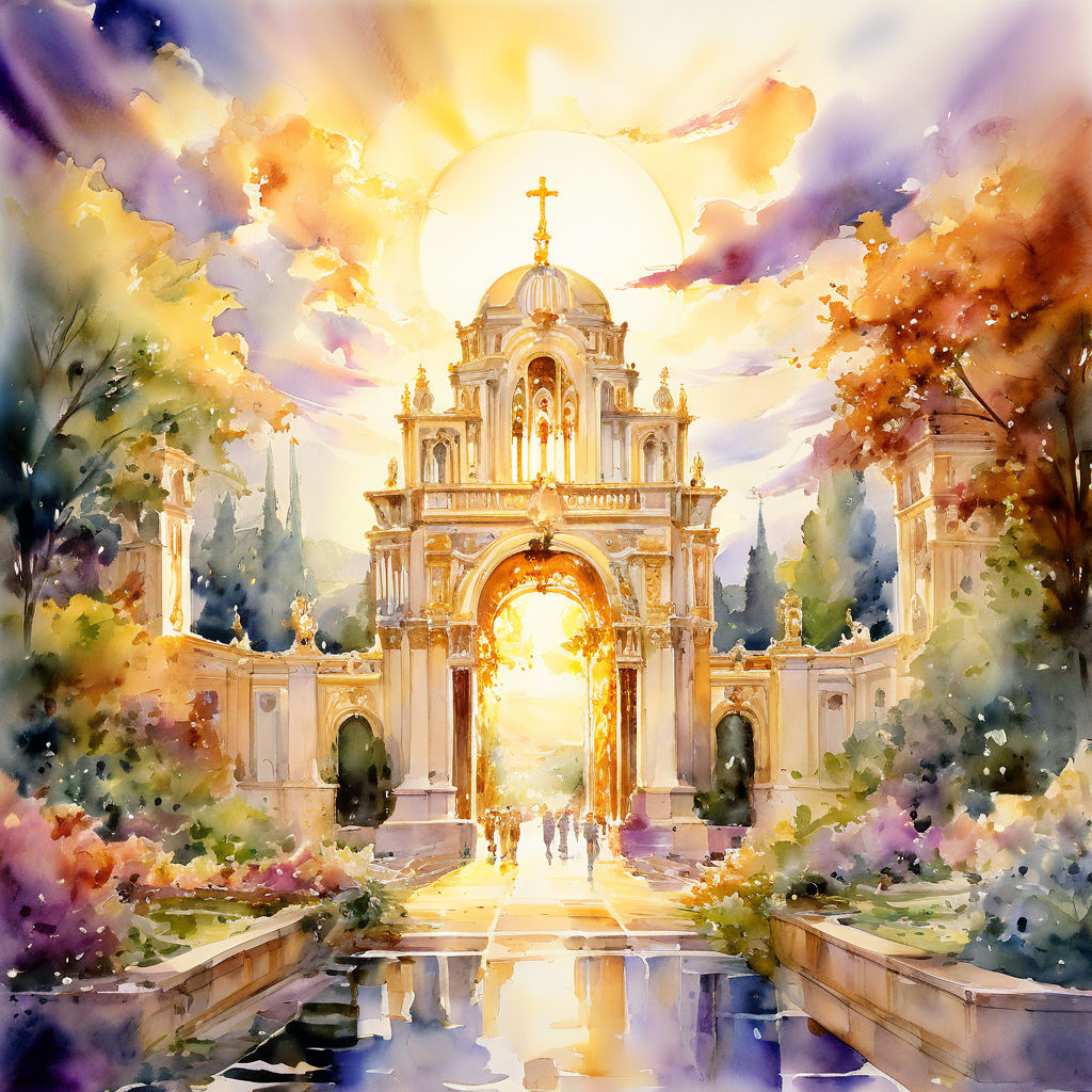 Watercolor painting capturing the Kingdom of Heaven with gol... by ...