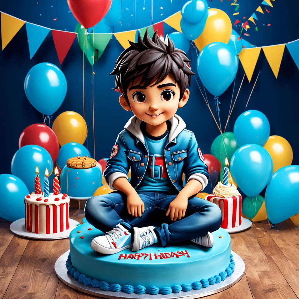 3D illystration of a boy sitting casually on front of a cake... by ...