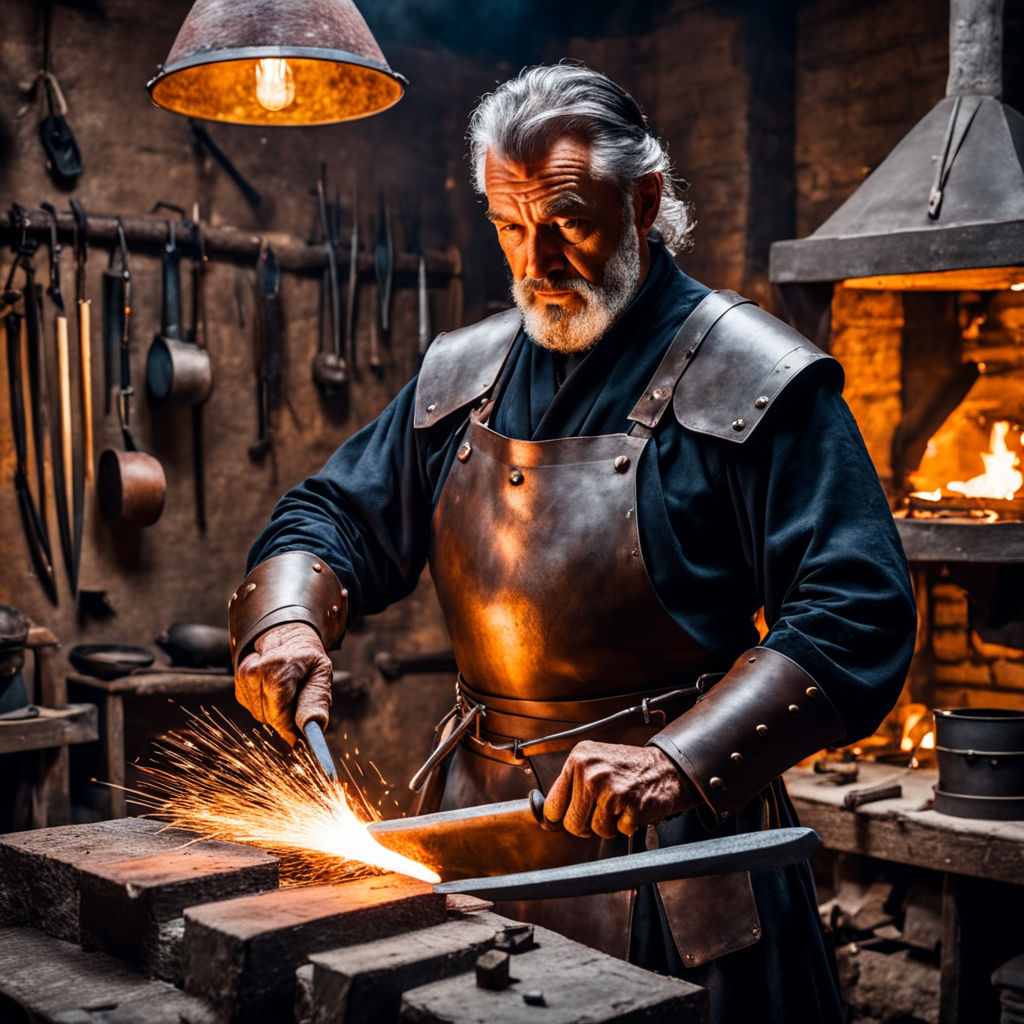 Medieval old blacksmith around 50 years of age with tan skin... by ...