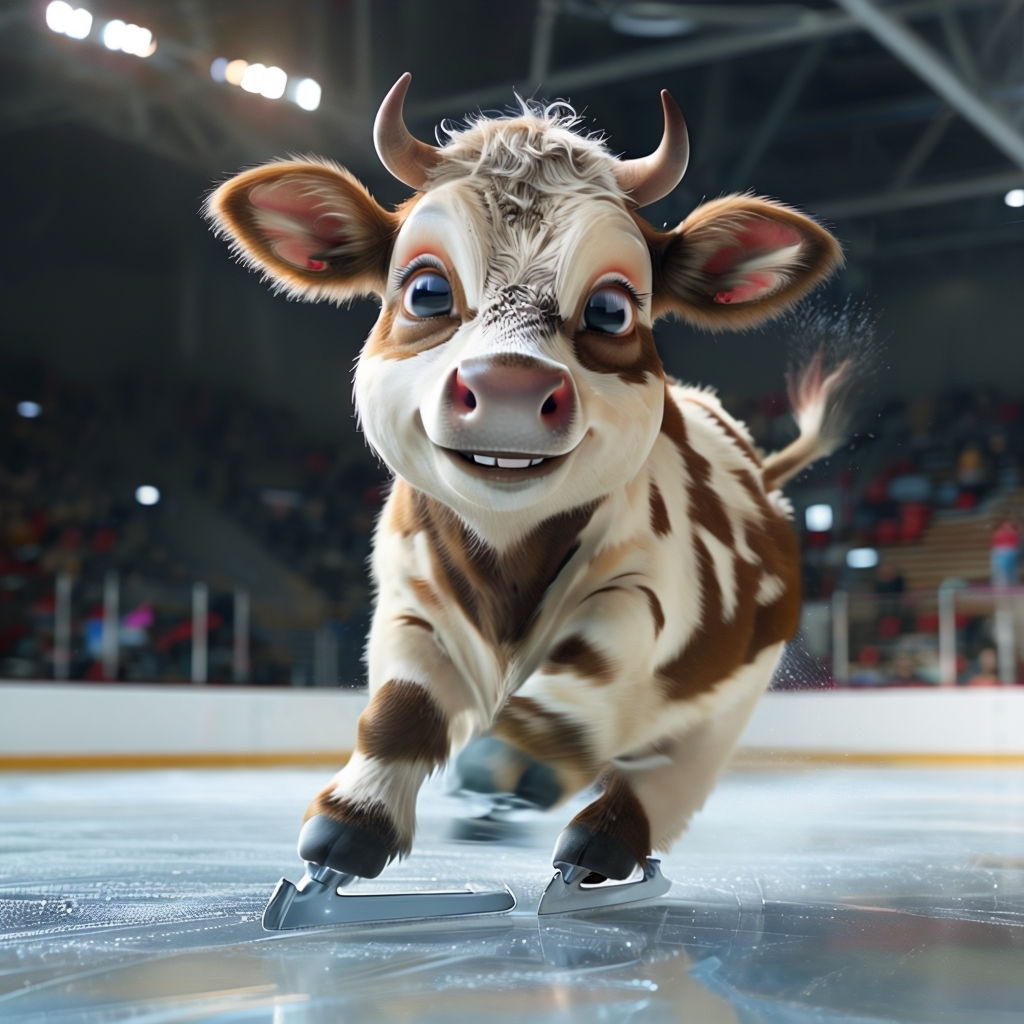 Very beautiful cow skating on the ice of a sports arena by Yura Holovko ...