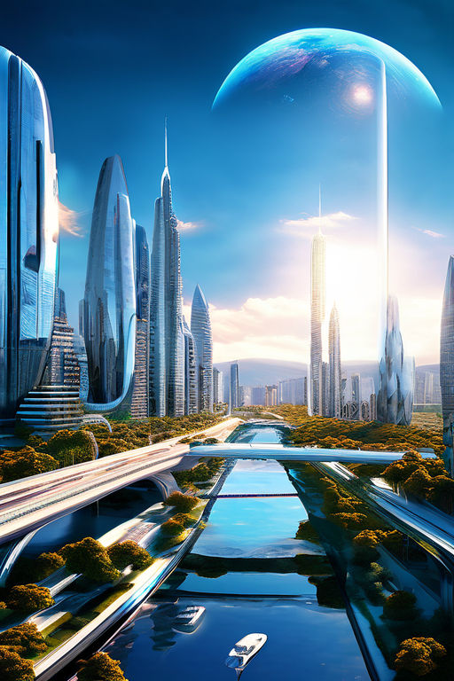 Escena de un mundo futurista con ciudades avanzadas y tecnol... by ...