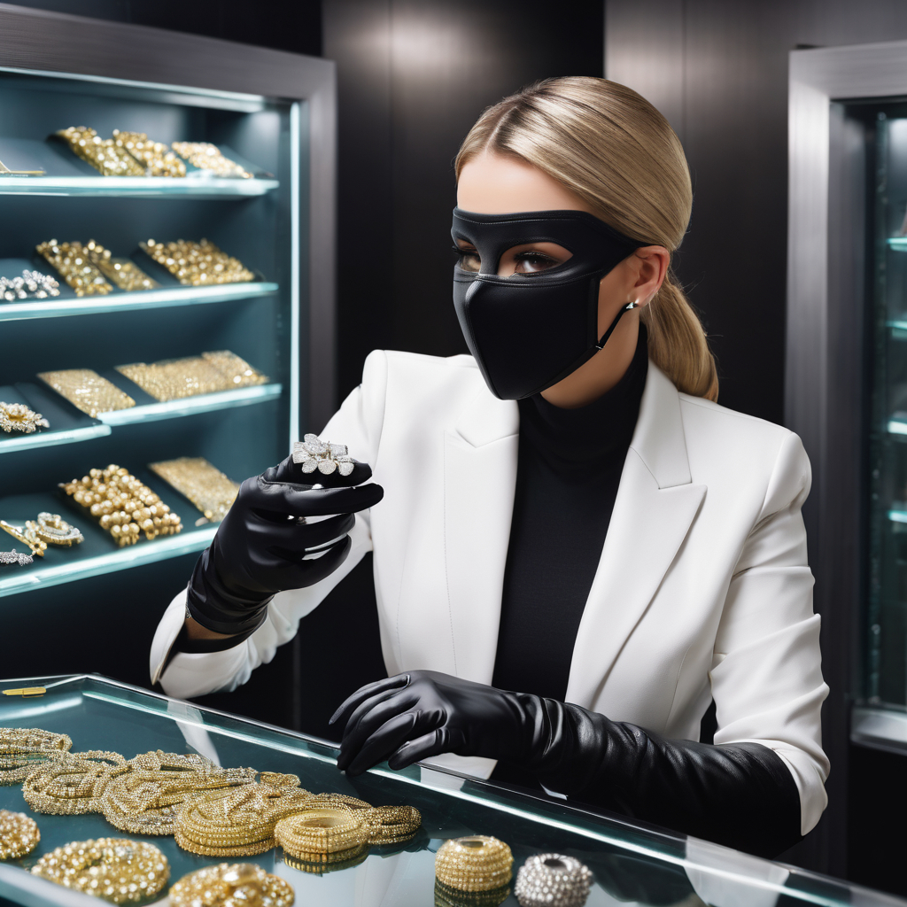 Masked female robber in black leather jacket and black leath... by ...