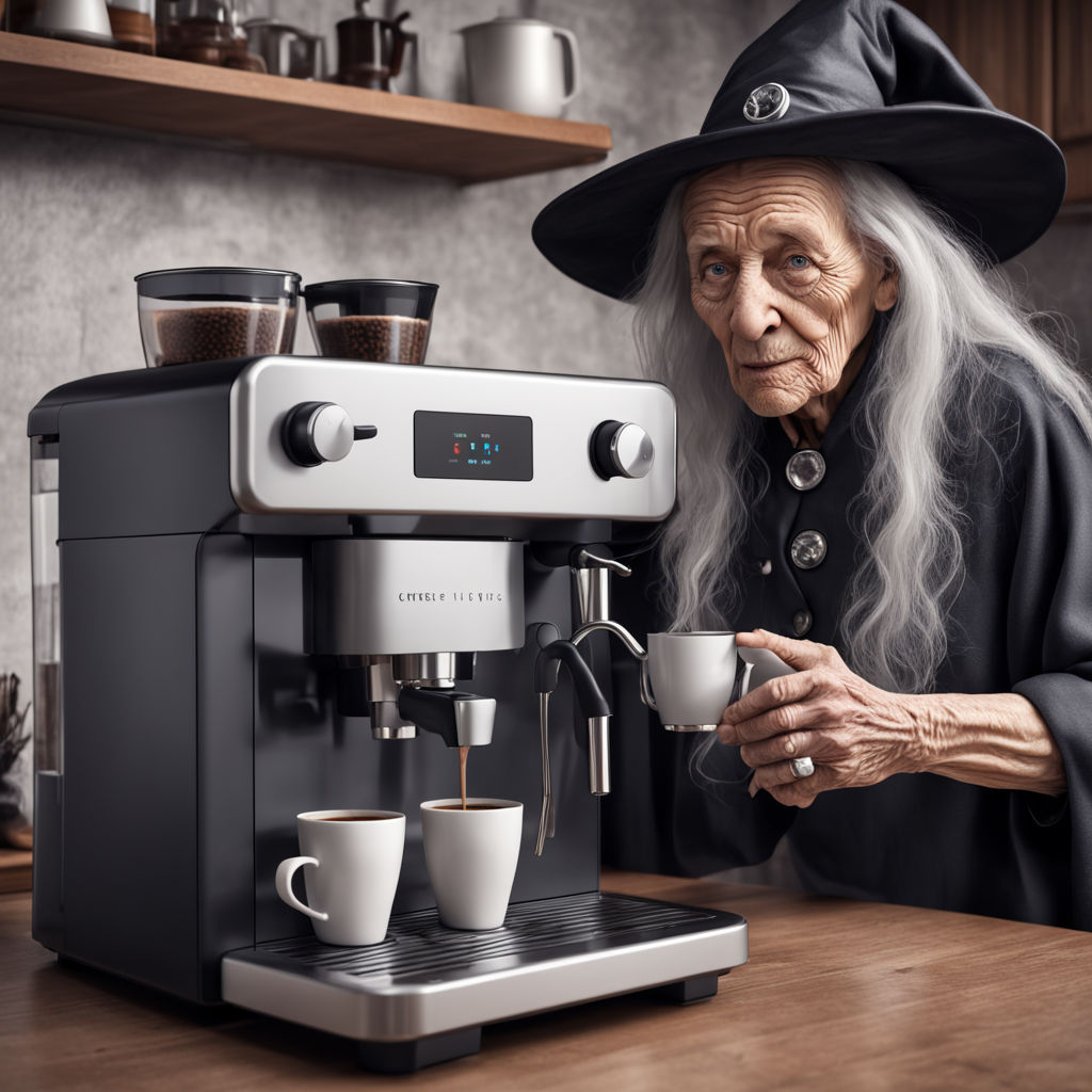 A old wrinkled Witch makes a coffee with a modern coffee mac... by ...