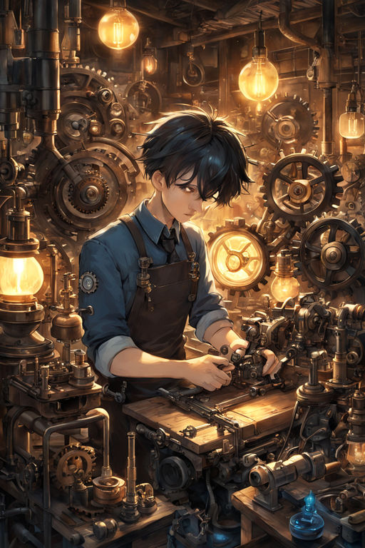 A handsome boy workshop cluttered with gears by prince - Playground