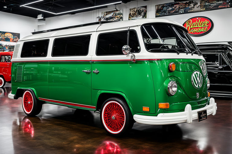 A stylish lowrider VW bus is showcased with unique red wheel... by ...