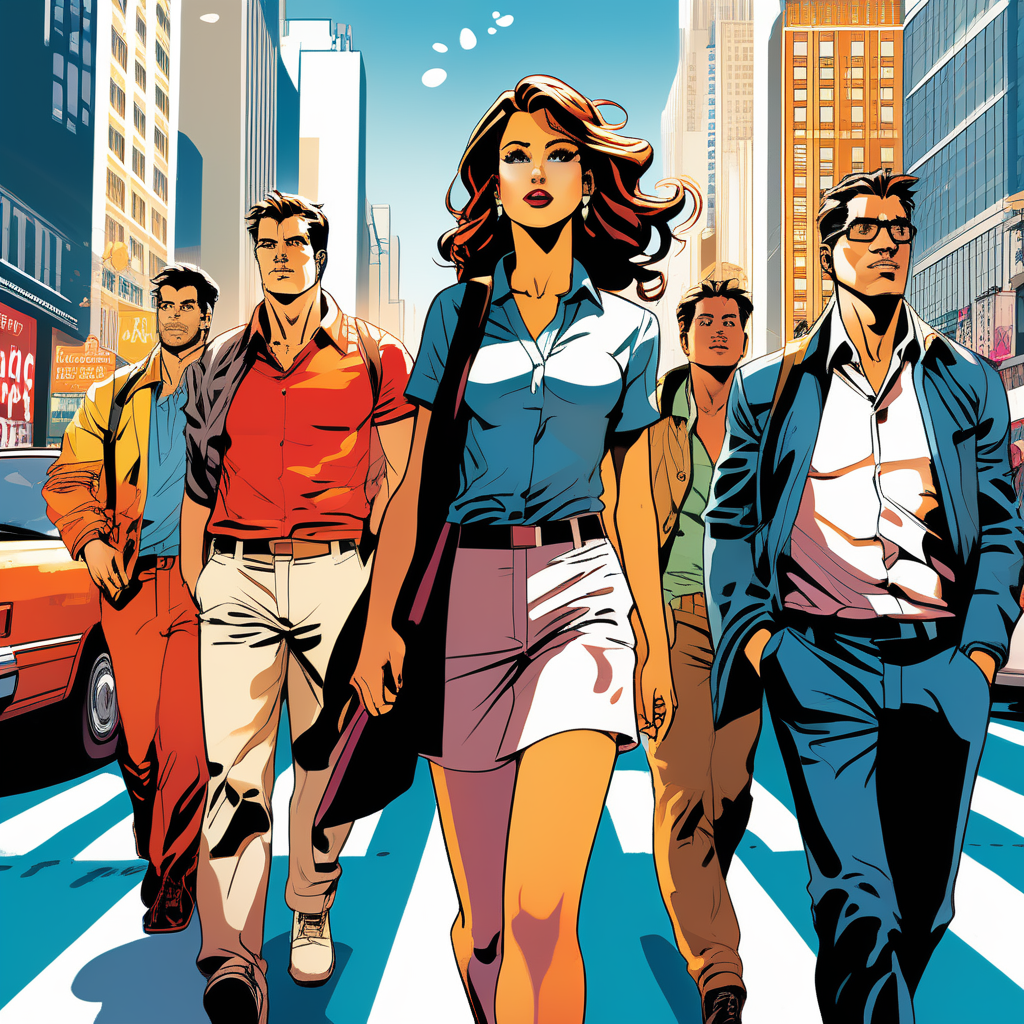 Comic art style group of people clustered at a bustling city... by ...