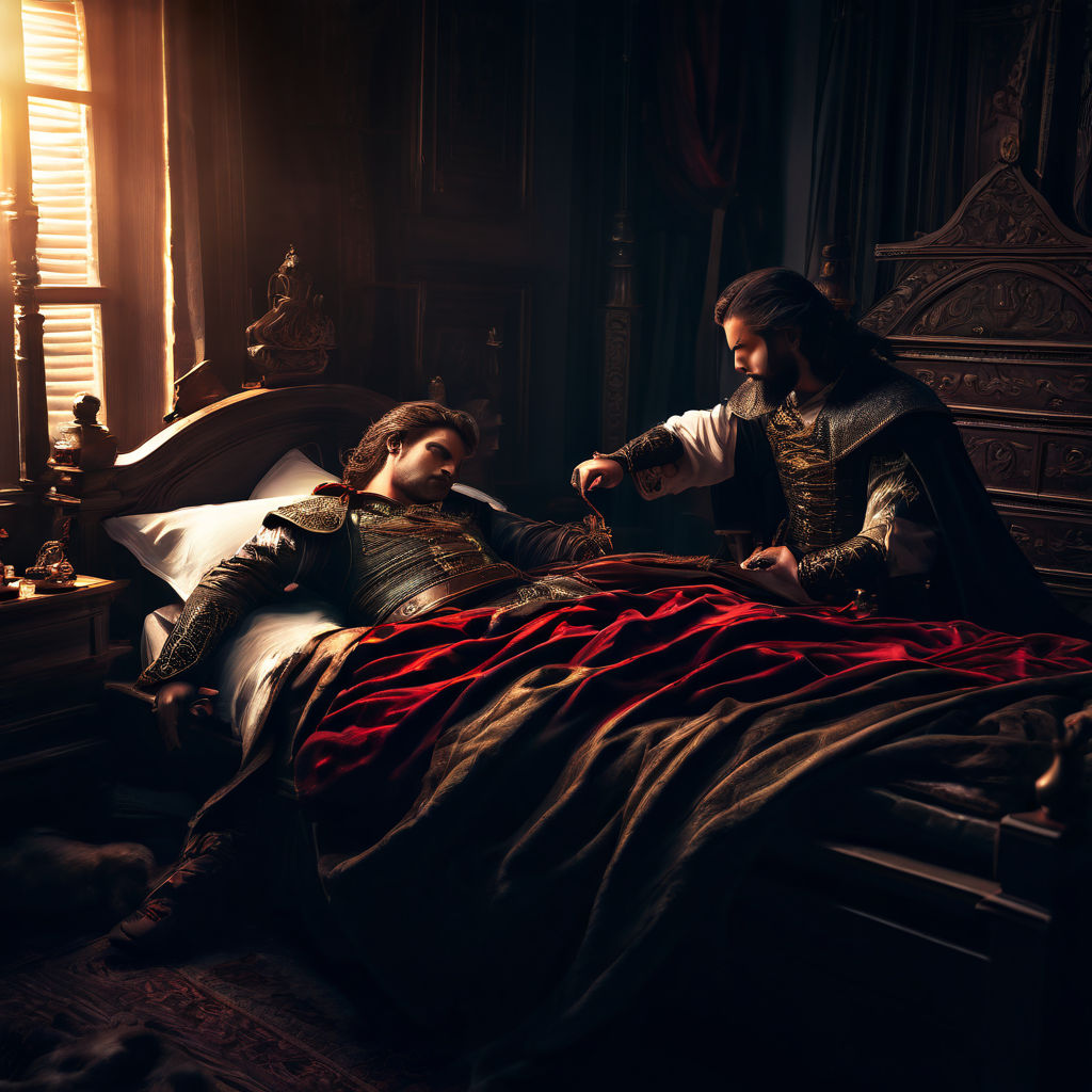 A picture of an assassin stabbing a king sleeping on his bed... by ...