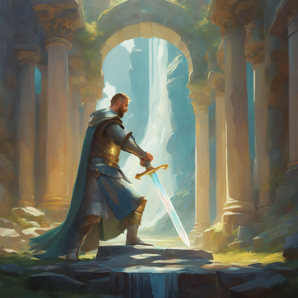 An oil painting of King Arthur pulling the sword Excalibur f... by anke ...