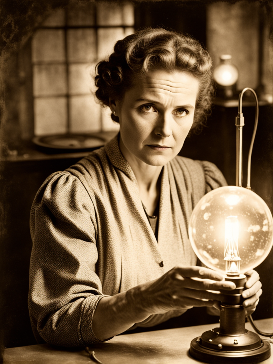 Marie Curie holding a glowing sample of radium in her labora... by ...