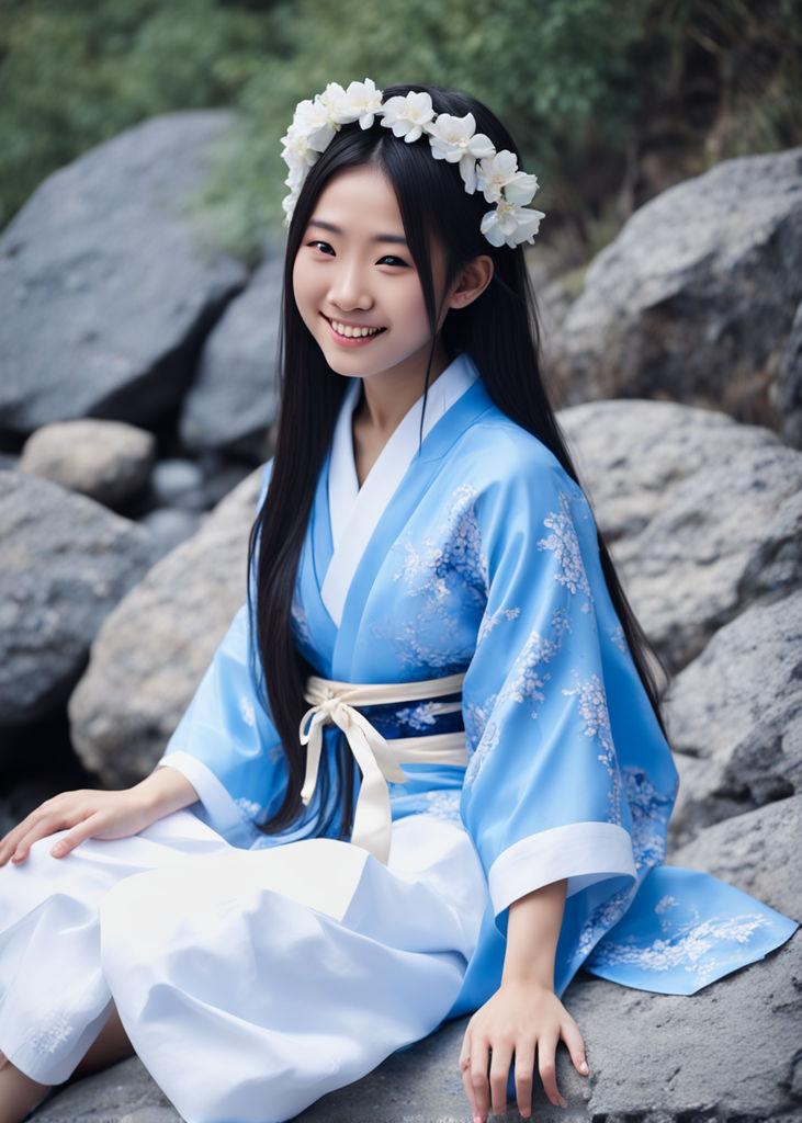 A cute beautiful chinese girl sitting on a rock by Eyon Tennyson ...