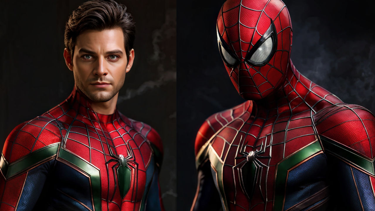 A handsome guy wears spiderman suit.He has green eyes and bl... by ...