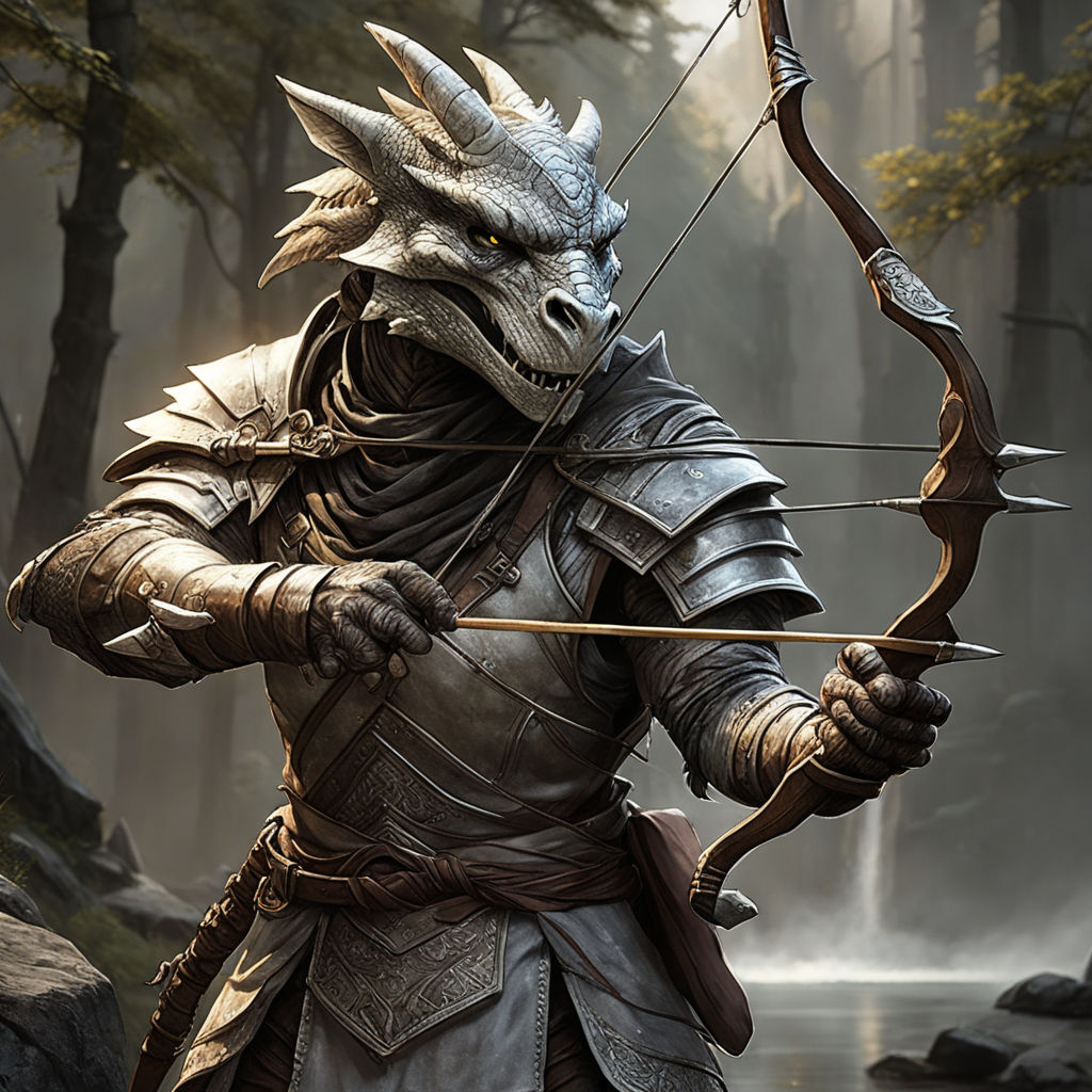 A Silver dragonborn ranger using a bow by Yan Gravino - Playground