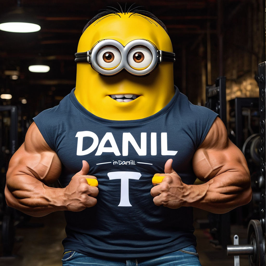 A minion with huge muscles and a signature on a Danil T-shir... by ...