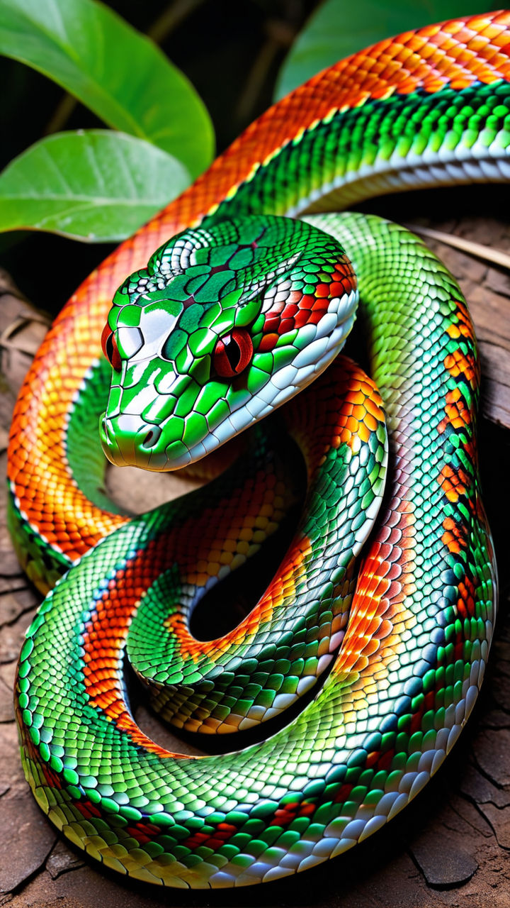 A green red and orange viper snake with shimmering scales by Mst Rukiya ...