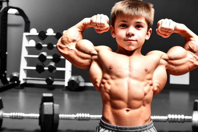 A muscular kid with one large dumbbell by Sabih Editxx - Playground