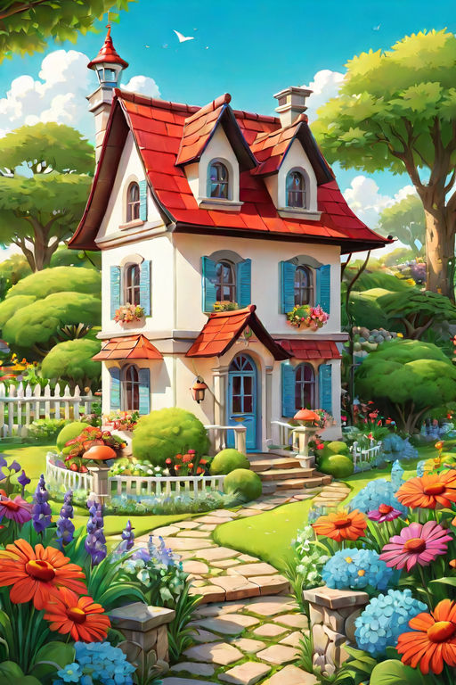Cartoon house in a beautiful garden by Mark Terrey - Playground