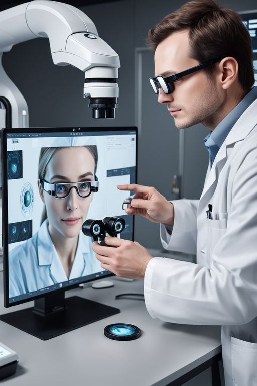 A scene of a high tech eye care lab with an eye doctor using... by ...