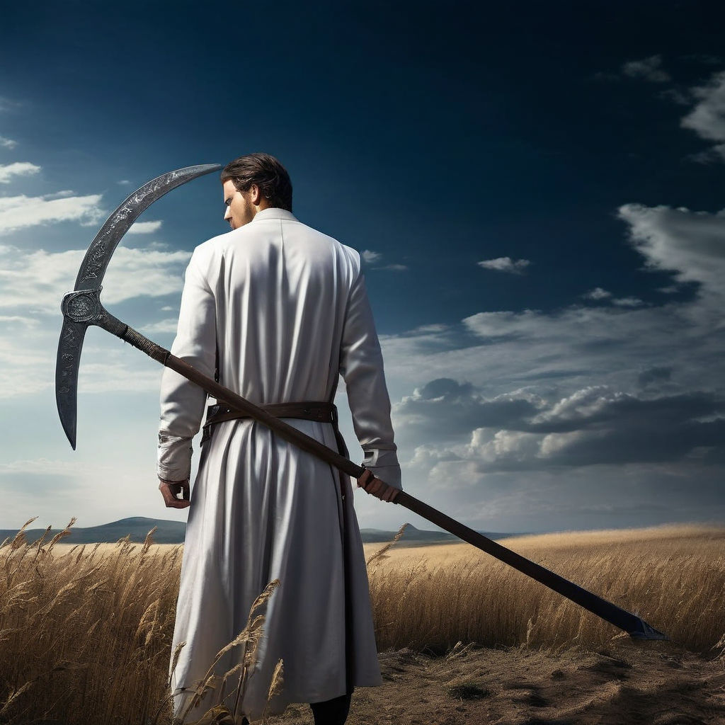 A man in modern clothes holding a medieval scythe by Levente Rédei ...