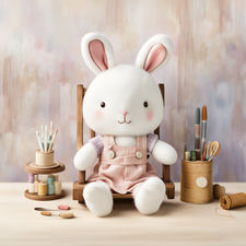 Rabbit doll seated in vintage wooden rocking chair by 권진영 - Playground
