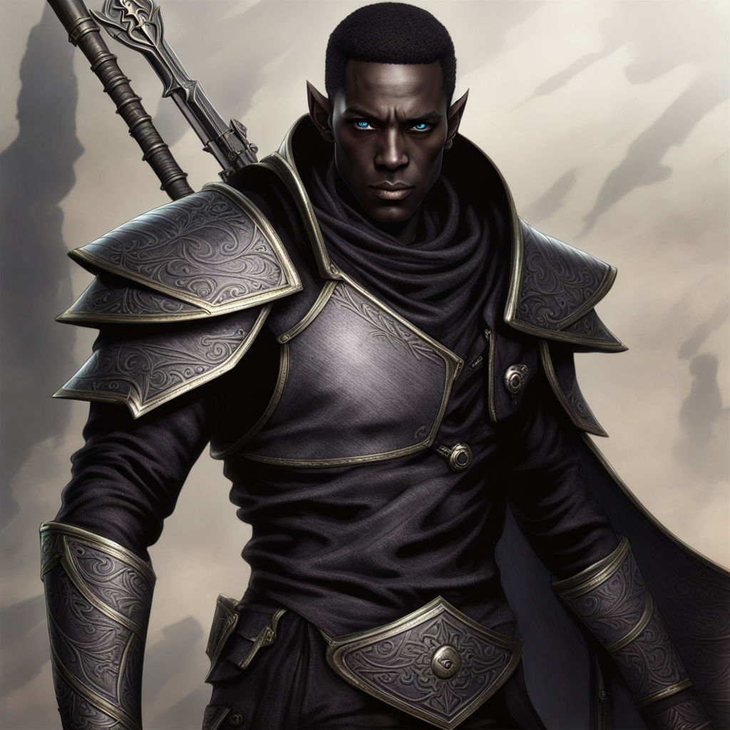 A male dark elf ranger with jet-black skin by Toby Hallam - Playground