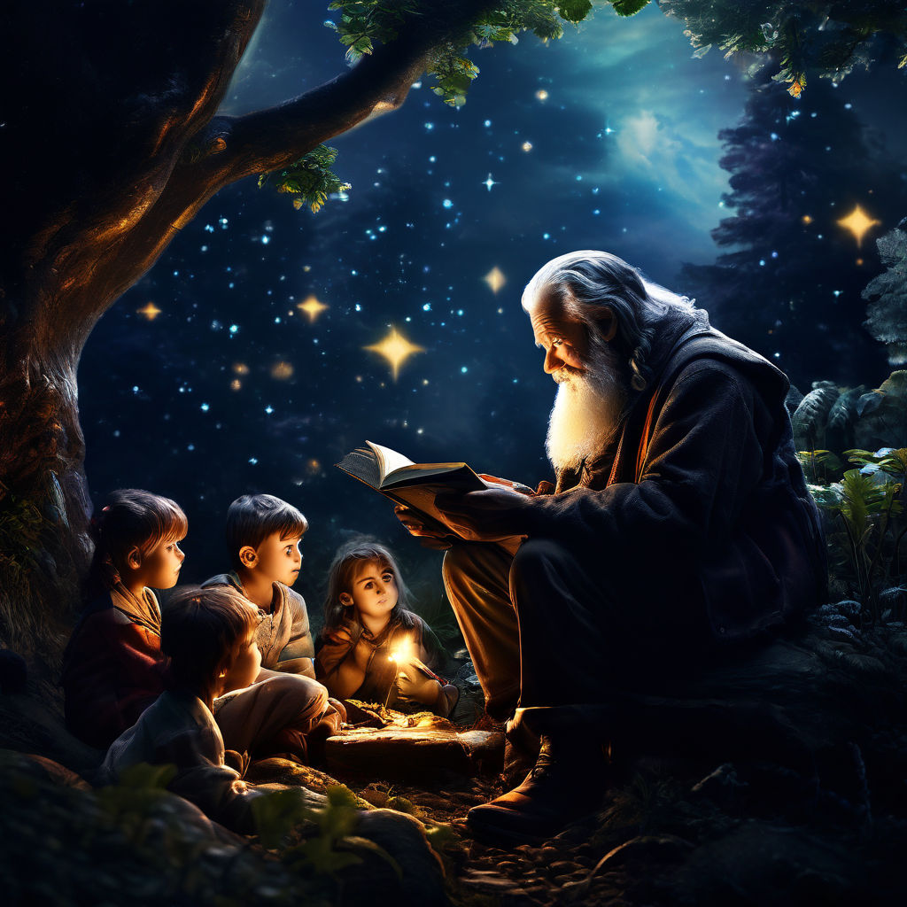 A picture of an old man reading a story in a forest among th... by Haye ...