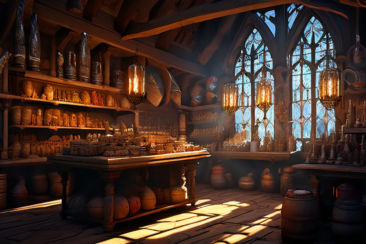 Medieval merchant shop brimming with weapons and magical art... by ...
