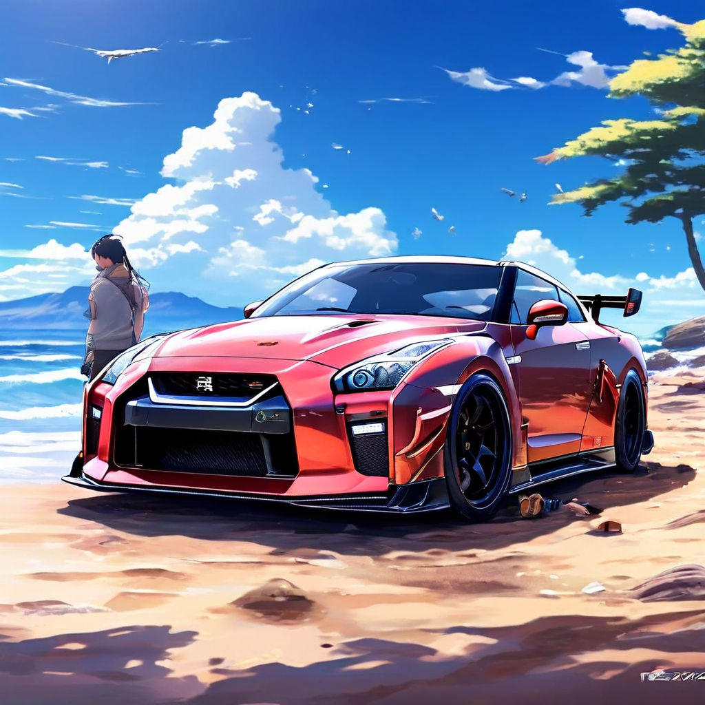 Nissan gtr-r35 with anime people in a beach by Juanto - Playground
